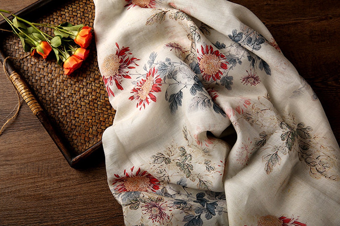 MULAN Autumn Chrysanthemum Printed Beige Ramie Fabric by the Yard - Etsy