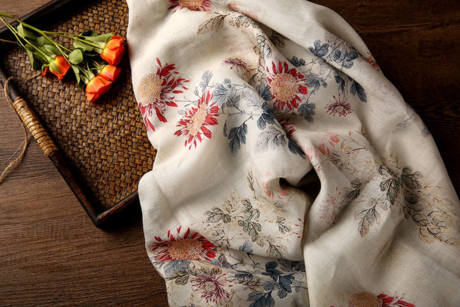 MULAN Autumn Chrysanthemum Printed Beige Ramie Fabric by the Yard - Etsy
