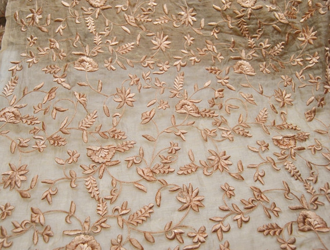 Golden Embroidered, Silk Cotton Fabric, 53"/135cm, Beautiful Fabric for ...