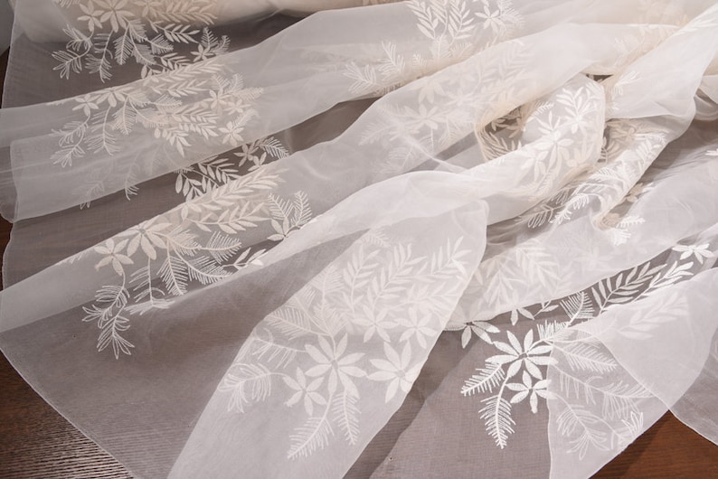 Transparent Embroidered Silk Organza Fabric, 55"/140cm, Fine Silk Stiff ...