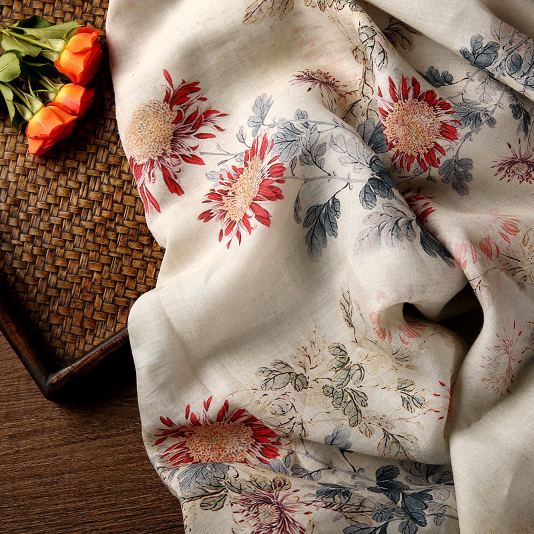 MULAN Autumn Chrysanthemum Printed Beige Ramie Fabric by the Yard - Etsy