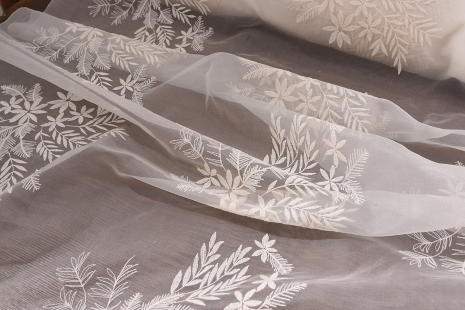 Transparent Embroidered Silk Organza Fabric, 55"/140cm, Fine Silk Stiff ...