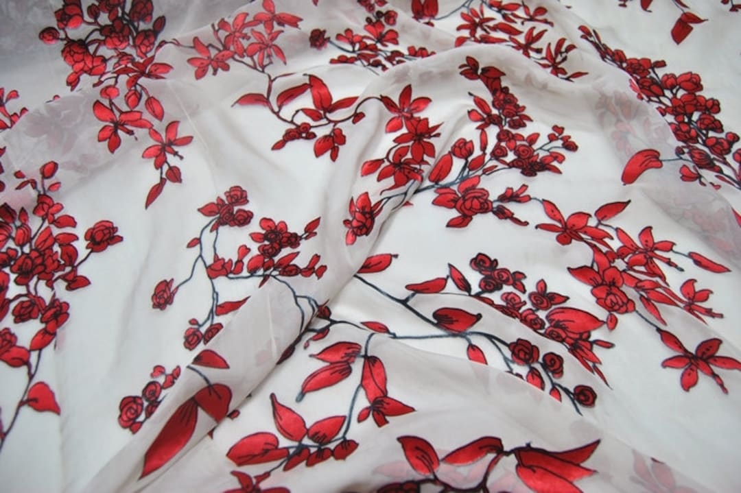 HEIDIHZ - Red Floral Sheer Burnout Silk Devore Satin Fabric - 138cm ...