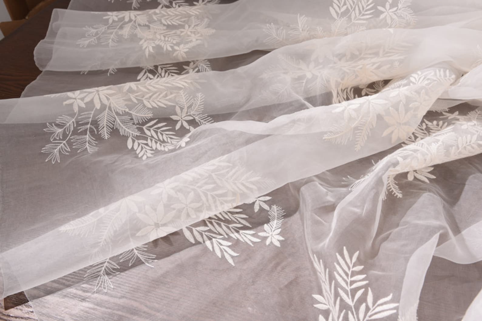 Transparent Embroidered Silk Organza Fabric, 55"/140cm, Fine Silk Stiff ...