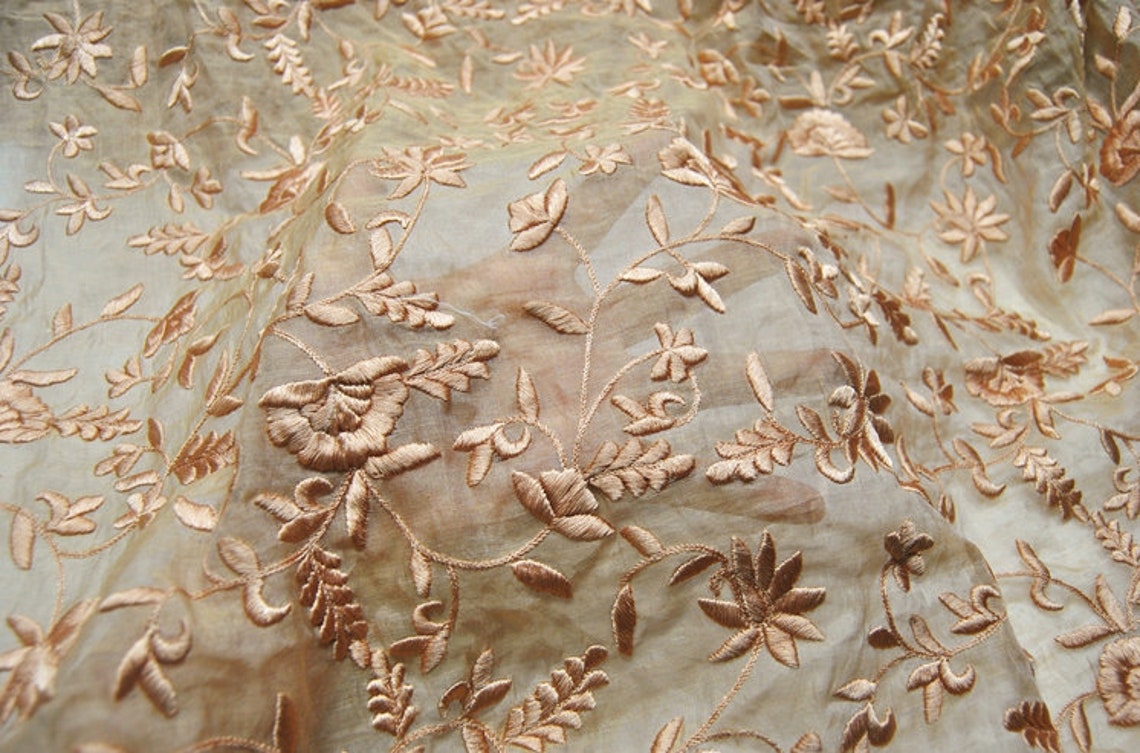 Golden Embroidered, Silk Cotton Fabric, 53"/135cm, Beautiful Fabric for ...