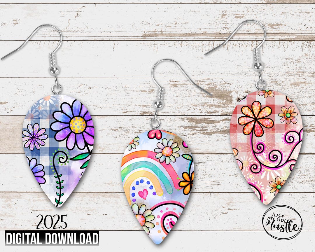 Colorful Doodle Style Flowers Upside Down Tear Drop Earring Sublimation ...