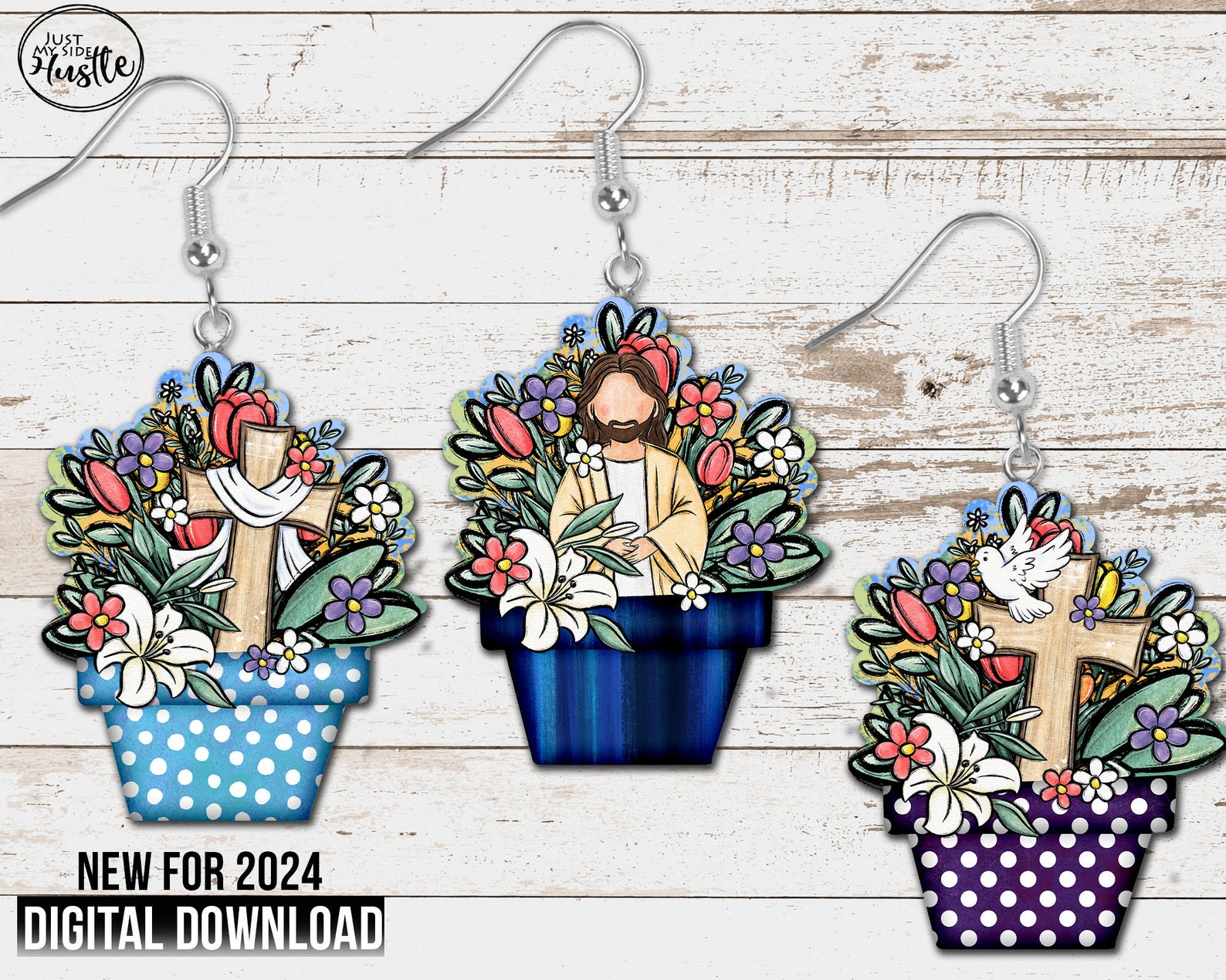 Jesus With Flowers in a Pot Png- Colorful Floral With Cross Sublimation ...