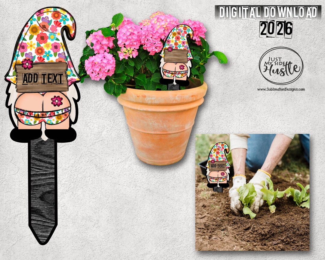 Cheeky Gnome Garden Stake Png- Cute Garden Gnome Flower Theme ...
