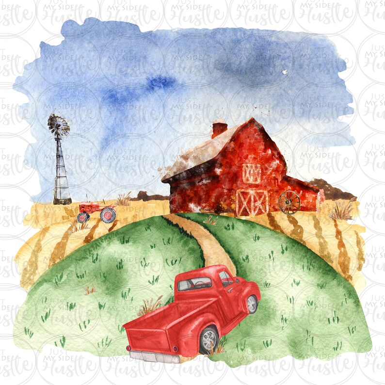 Farmhouse Red Barn With Old Truck Sublimation Designs Modern - Etsy
