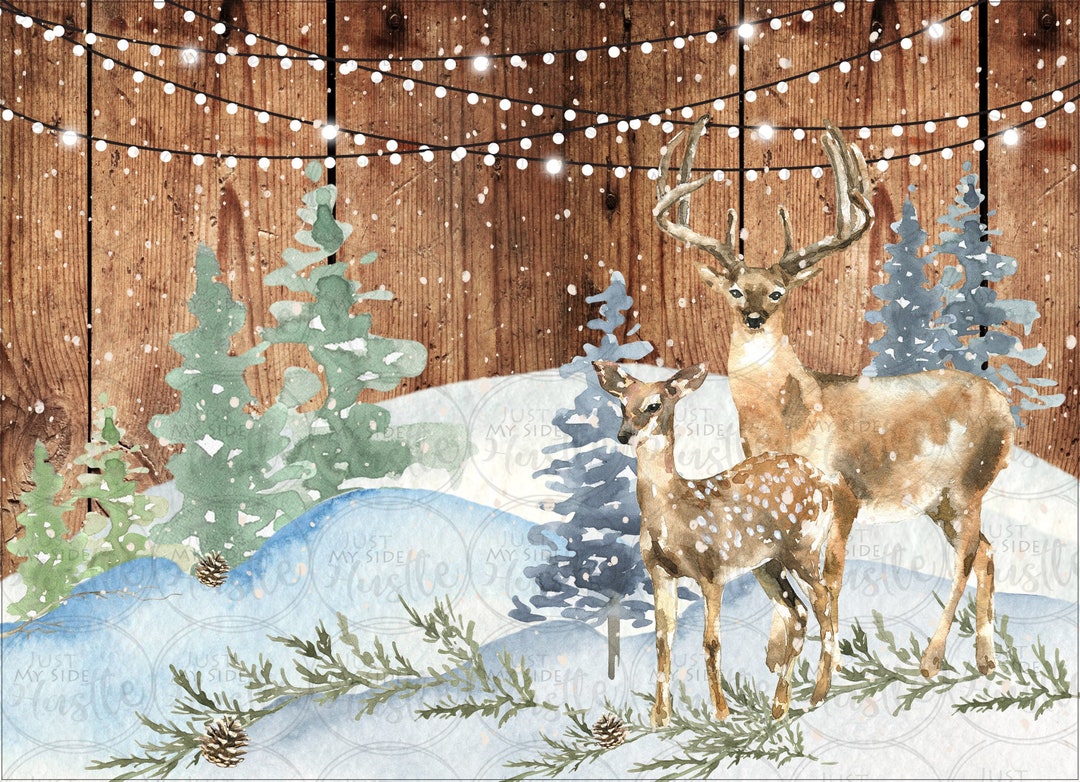 Winter Snow Scene With Lights Trees and Deer Christmas Xmas - Etsy