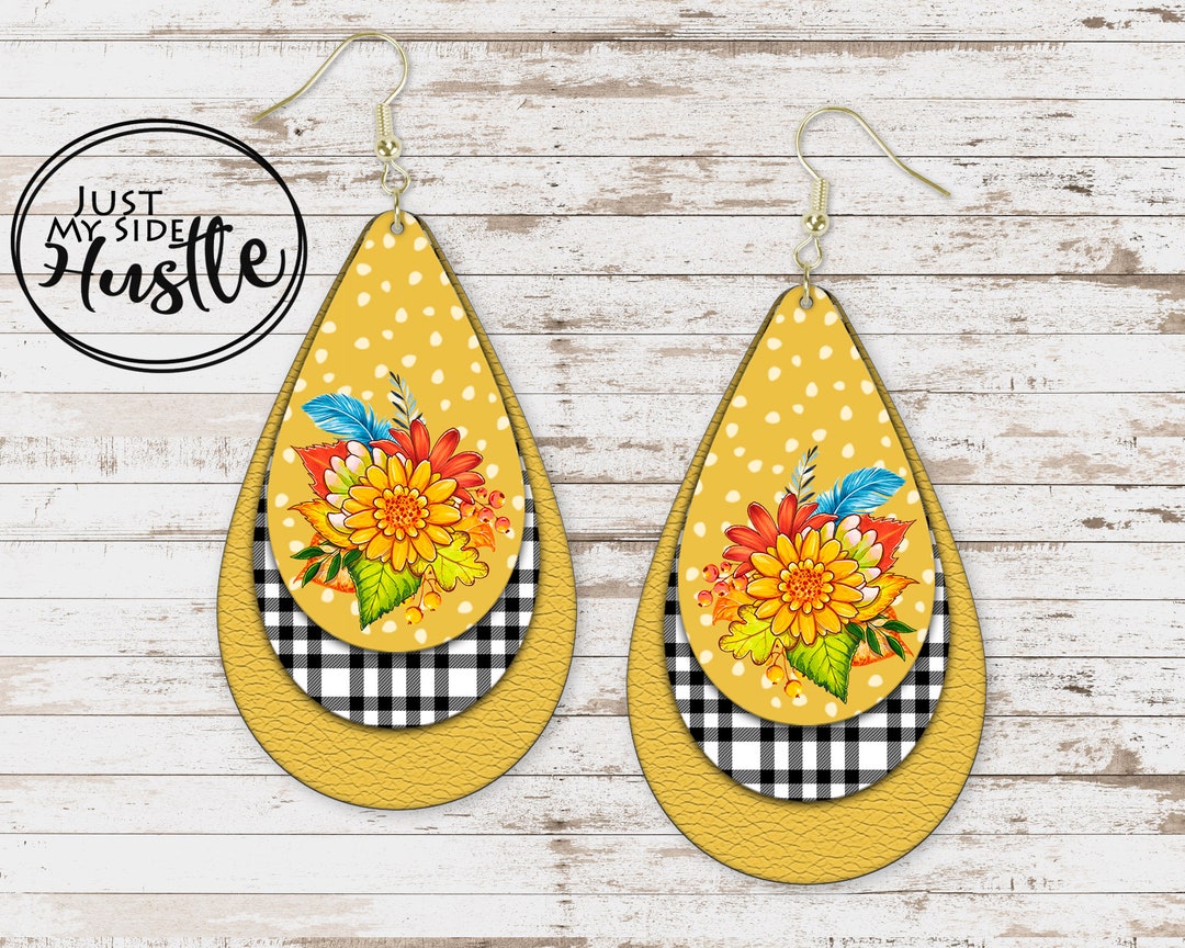 Mustard Yellow Floral Drop Earrings Sublimation Designs Png Instant ...