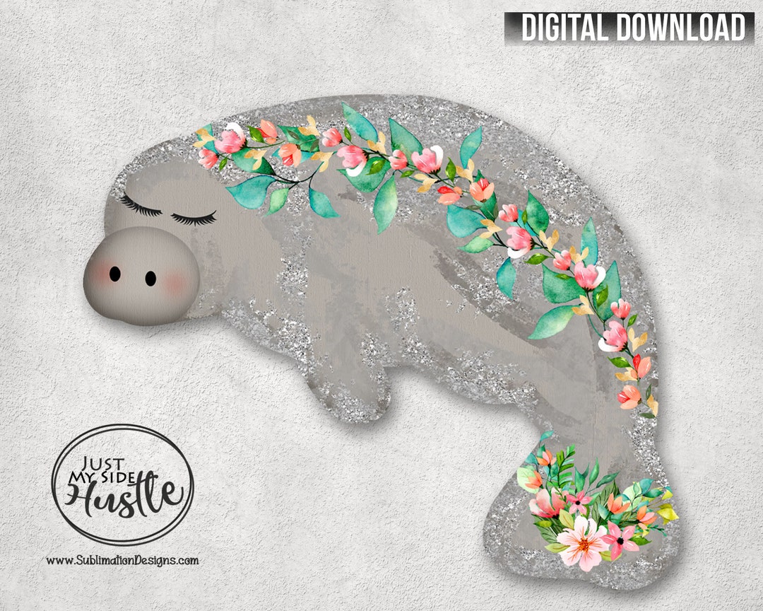 Manatee With Flowers Png - Sea Mammal Sublimation Designs- Beach Girl ...