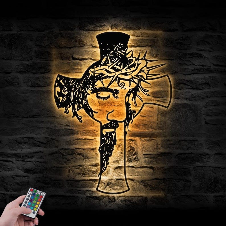 Jesus Christ Cross Metal Wall Art LED Light Jesus Christian Cross Sign ...