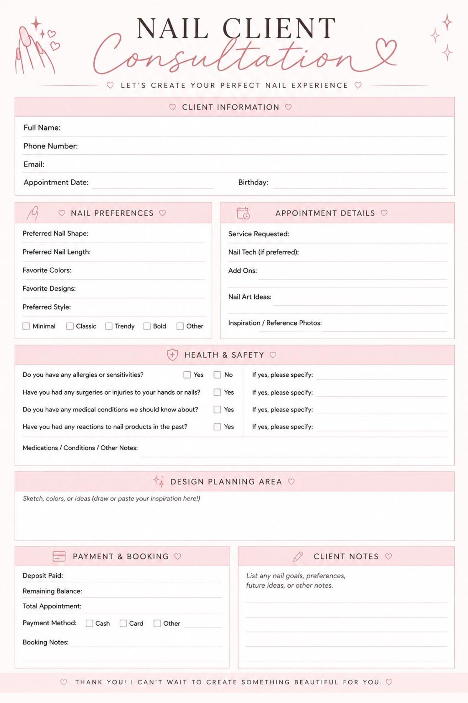 Pink Nail Consultation Form Template | Editable Client Intake Sheet ...
