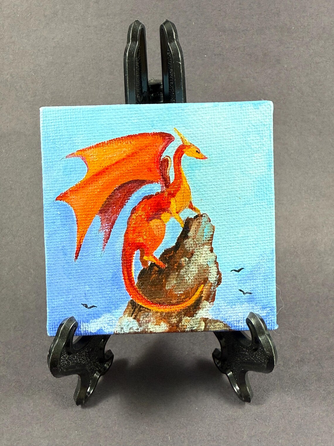 Original Red Orange Dragon Painting - Miniature Canvas Art With Easel ...
