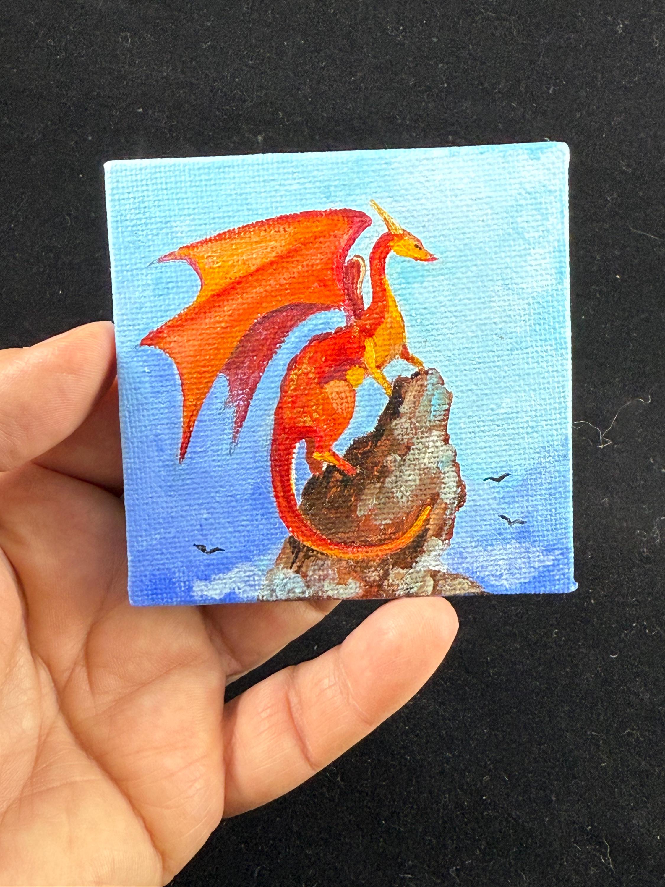 Original Red Orange Dragon Painting - Miniature Canvas Art With Easel ...