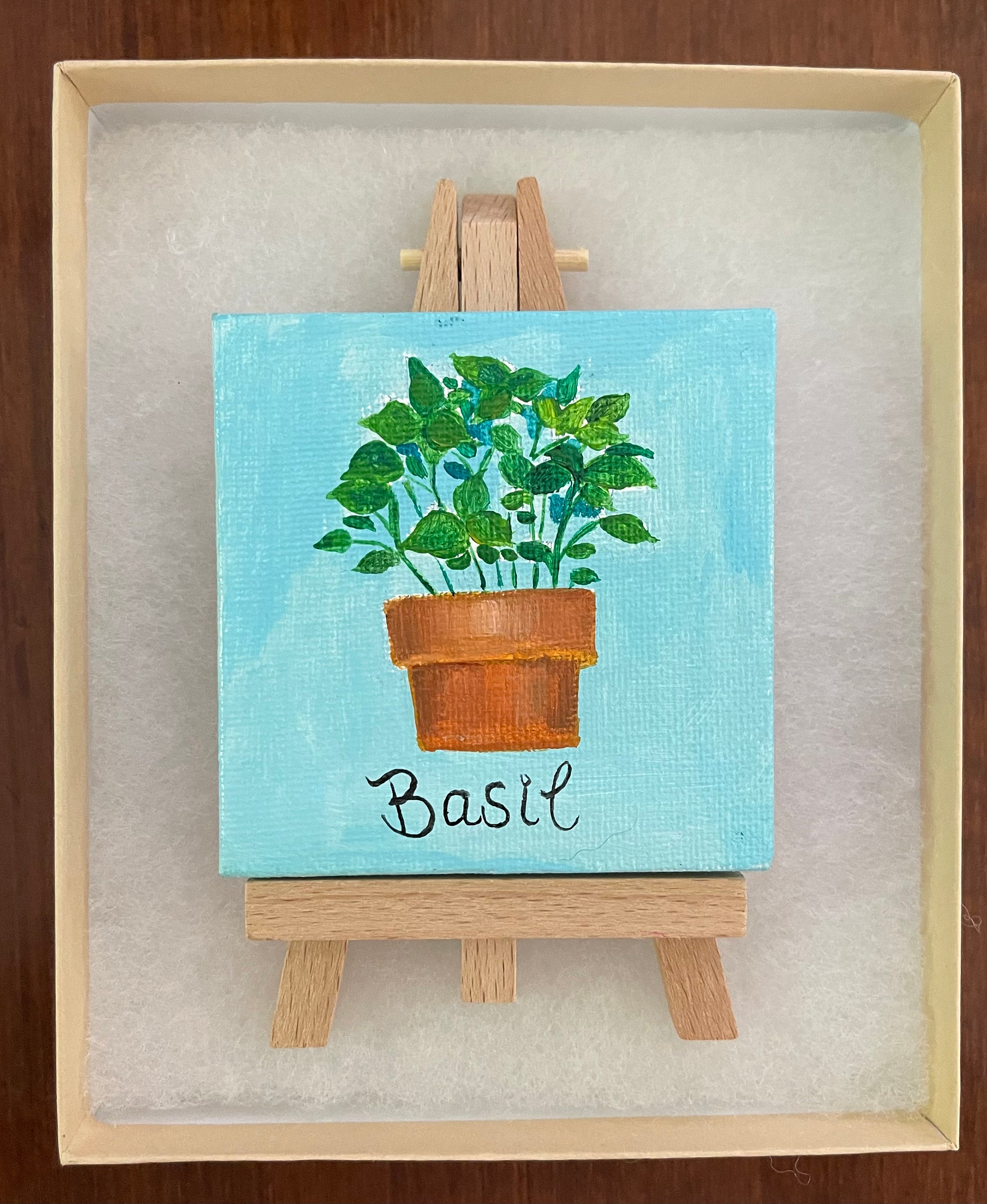 Small Painting of Potted Basil- Tiny Canvas With Wood Easel- Home Decor ...
