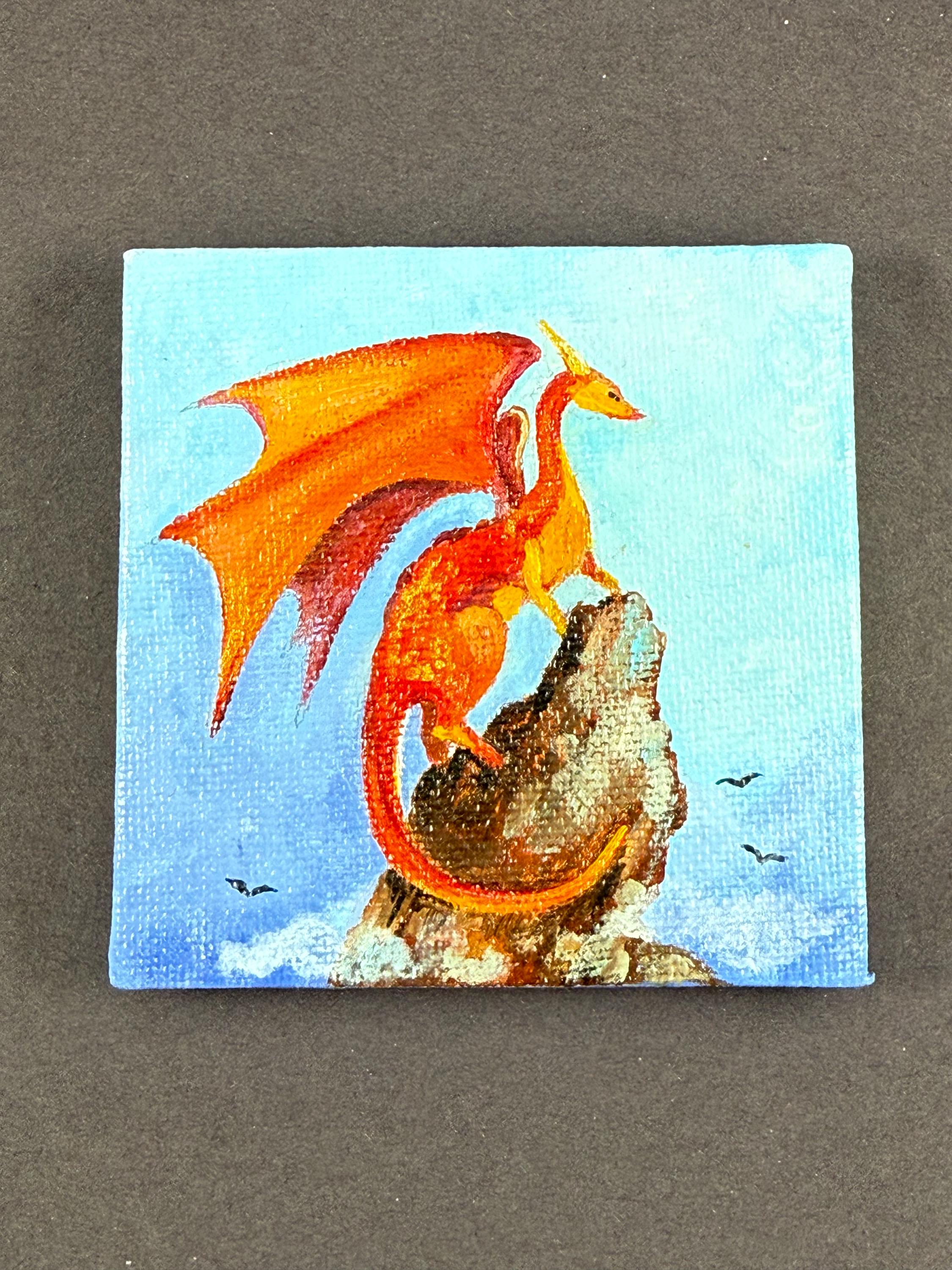 Original Red Orange Dragon Painting - Miniature Canvas Art With Easel ...