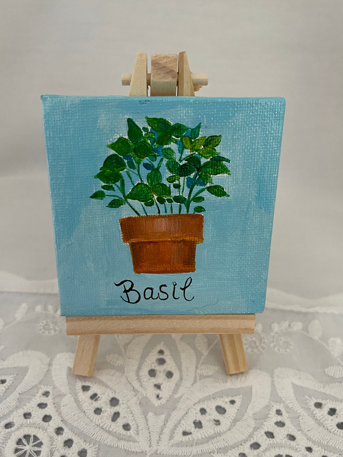 Small Painting of Potted Basil- Tiny Canvas With Wood Easel- Home Decor ...