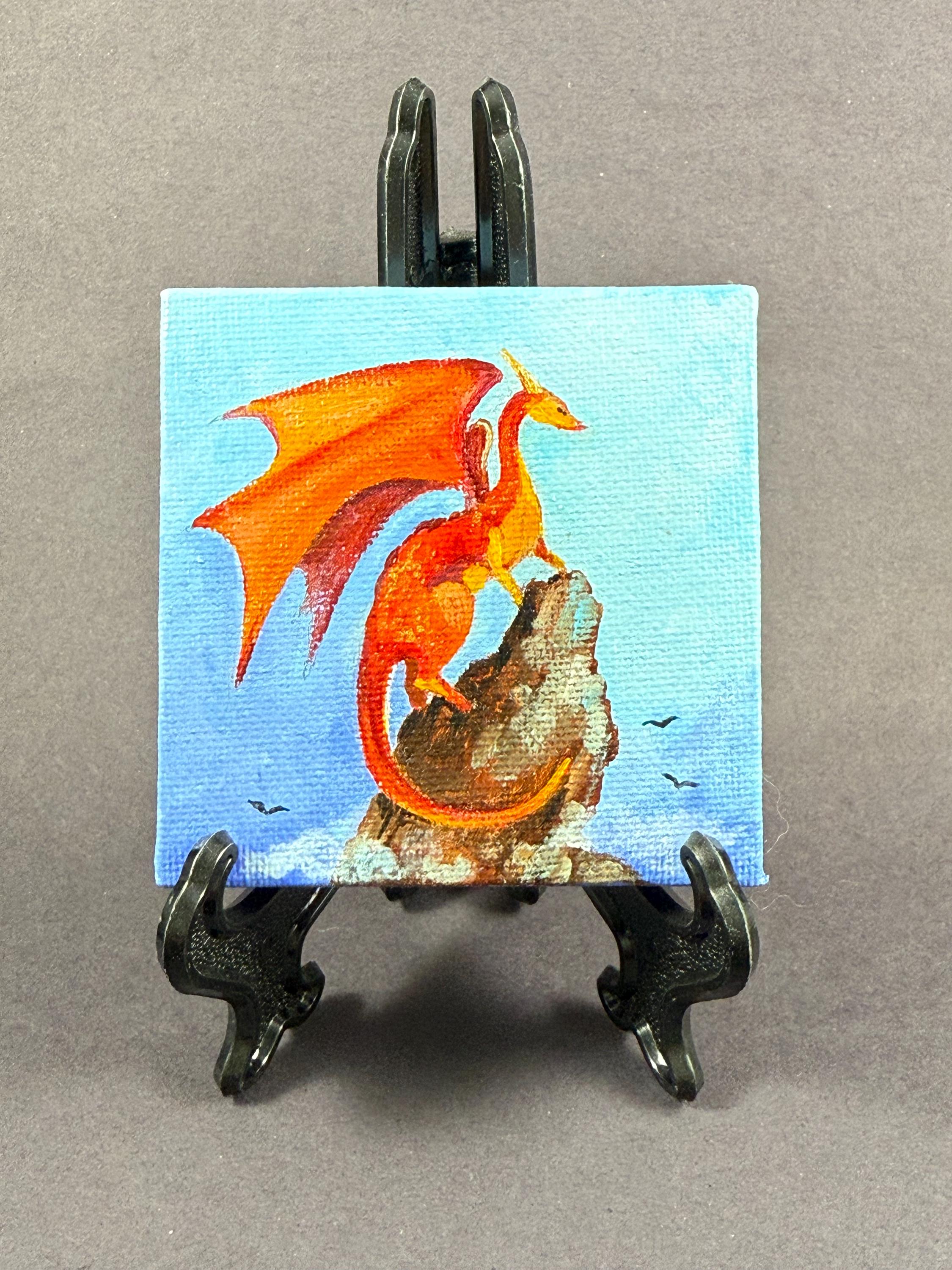 Original Red Orange Dragon Painting - Miniature Canvas Art With Easel ...