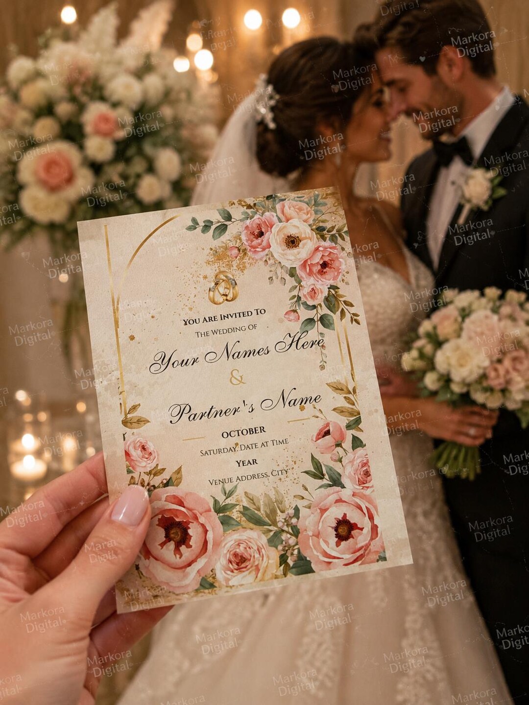 Floral Wedding Invitation Template, Romantic Blush Gold Canva Invite ...
