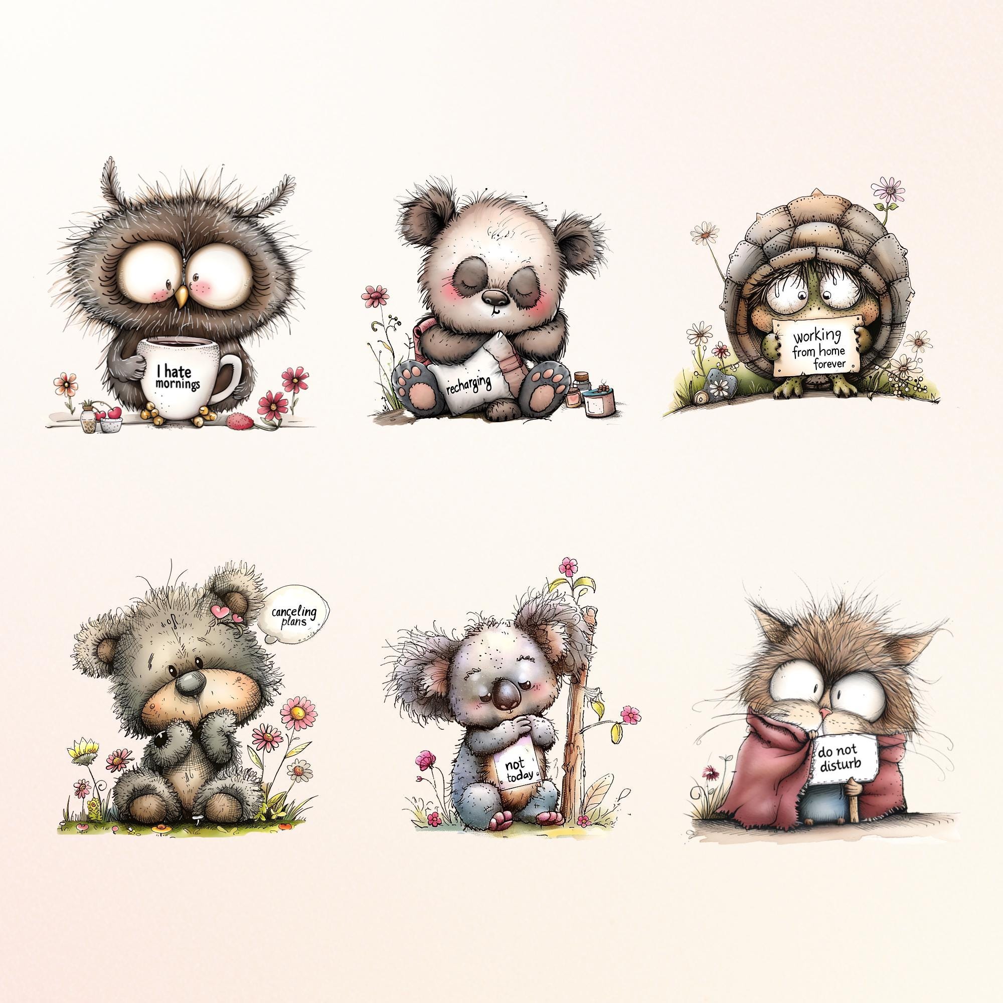 Introvert Animals Clipart, Cute Watercolor Sketch PNG Bundle, Kawaii ...