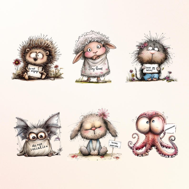 Introvert Animals Clipart, Cute Watercolor Sketch PNG Bundle, Kawaii ...