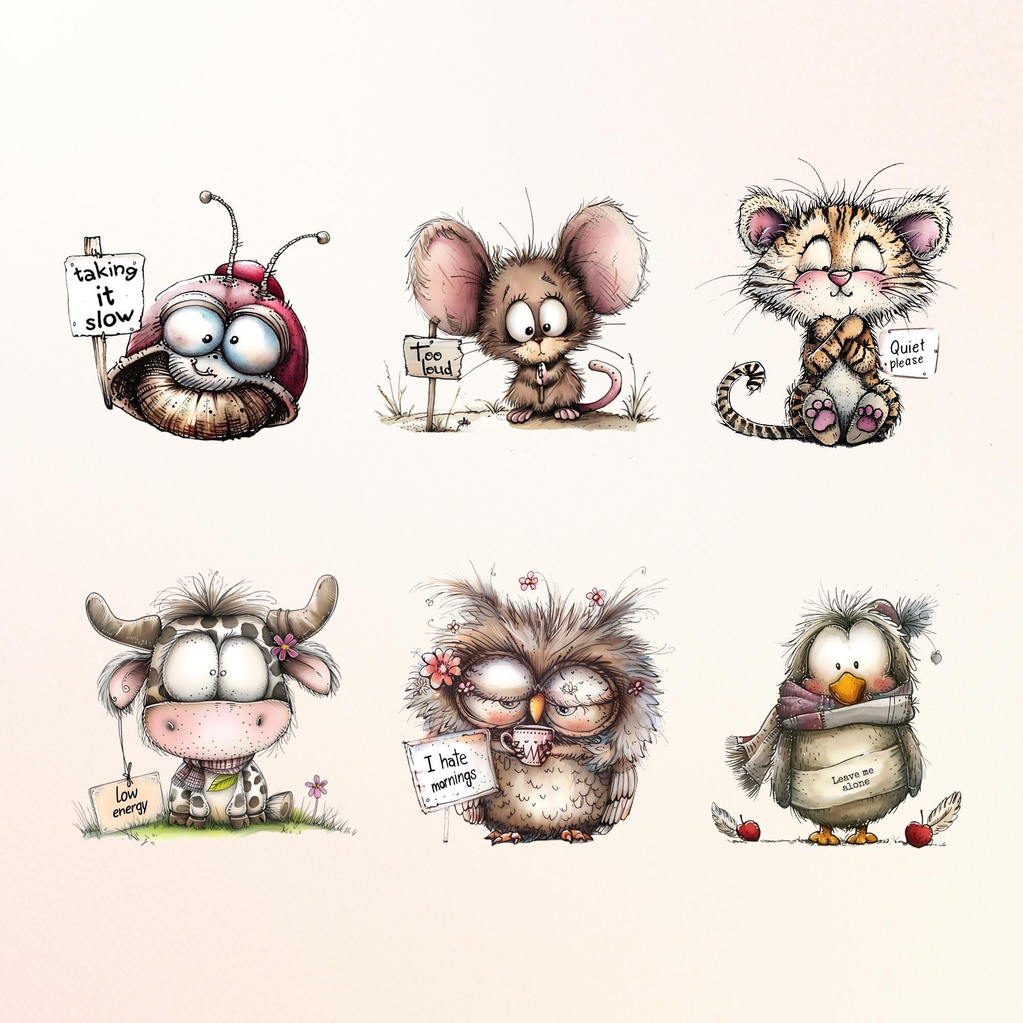 Introvert Animals Clipart, Cute Watercolor Sketch PNG Bundle, Kawaii ...