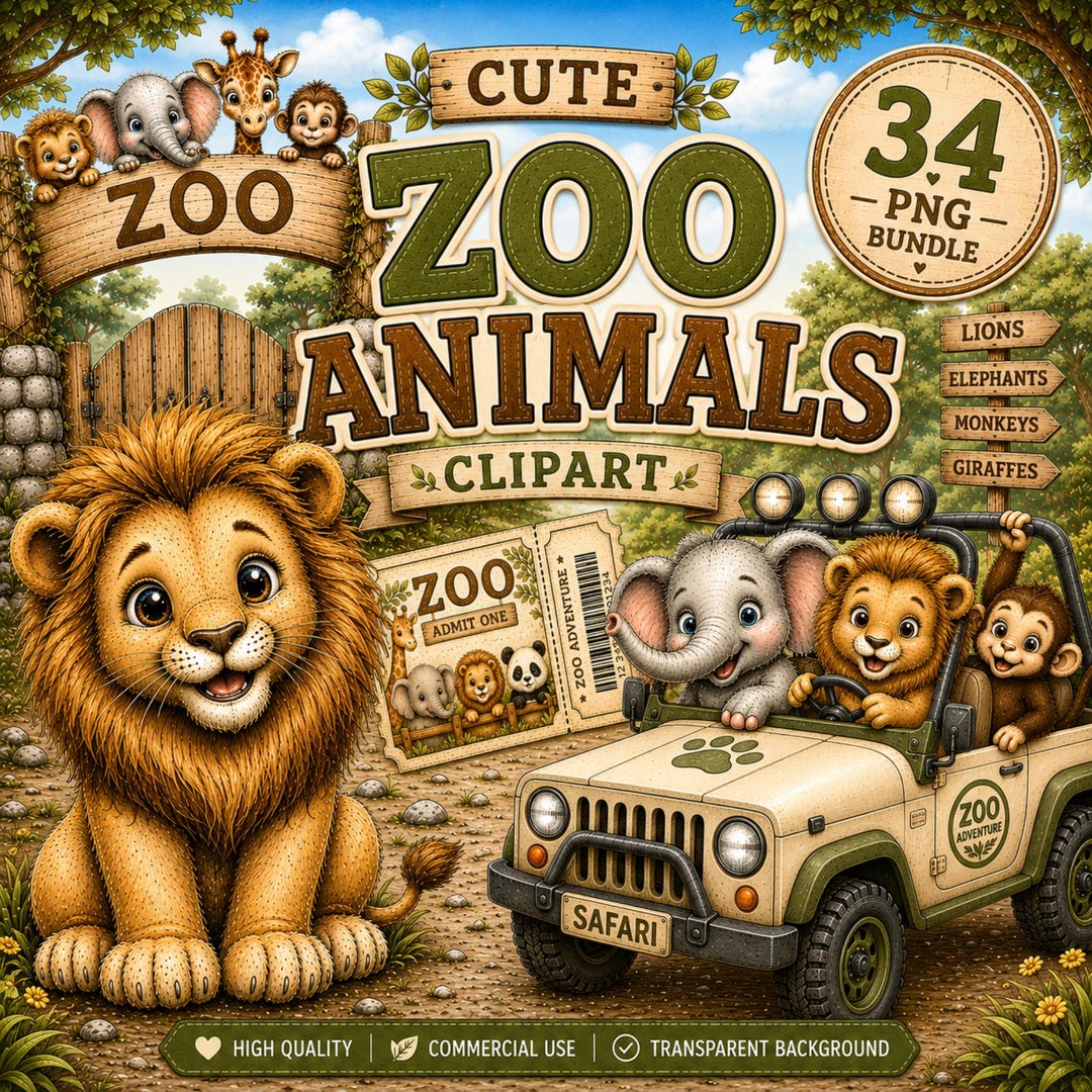 Cute Zoo Trip Clipart Bundle PNG, Zoo Animals Clipart, Safari Animals ...