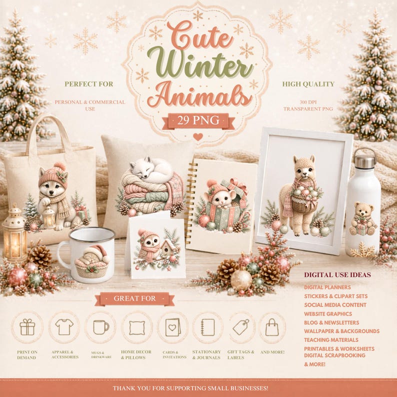 29 PNG Christmas Winter Animals Clipart Bundle, Festive Holiday ...