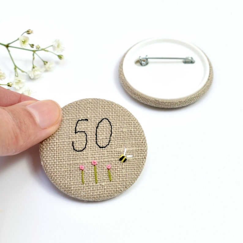 50th Birthday Badge, Personalised Badge, Embroidered Natural Linen ...