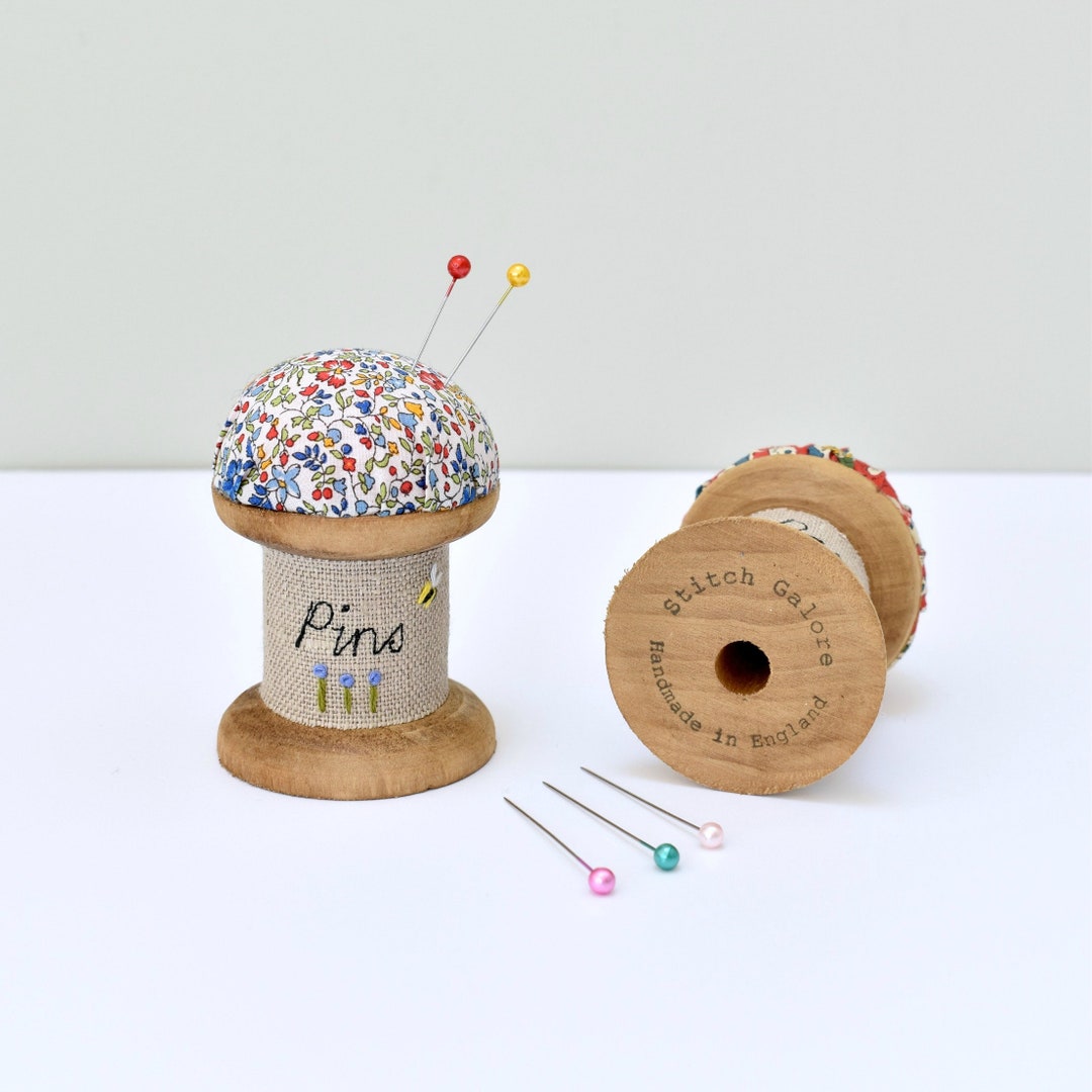 Pincushion, Embroidered Linen Pincushion, Wooden Bobbin, Cotton Reel ...