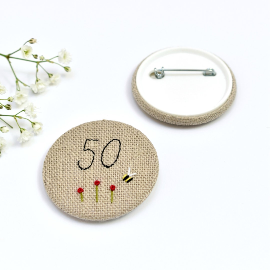 50th Birthday Badge, Personalised Badge, Embroidered Natural Linen ...