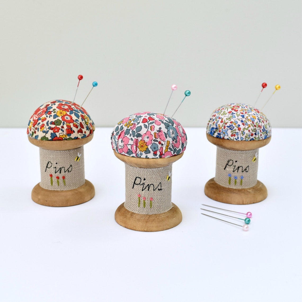 Pincushion, Embroidered Linen Pincushion, Wooden Bobbin, Cotton Reel ...