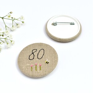 80th Birthday Badge, Personalised Badge, Embroidered Natural Linen ...