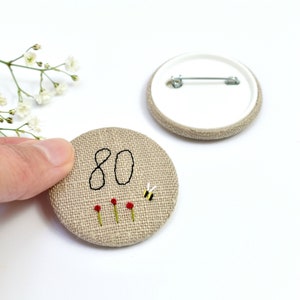 80th Birthday Badge, Personalised Badge, Embroidered Natural Linen ...