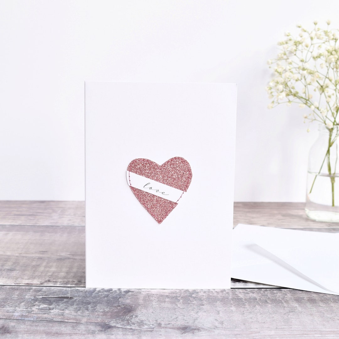 Pink Heart Card, Pink Glitter Heart Card, Sewn Love Heart Card ...
