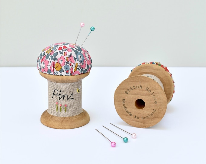 Pincushion, Liberty Fabric Cotton Reel Pin Cushion, Embroidered Linen ...