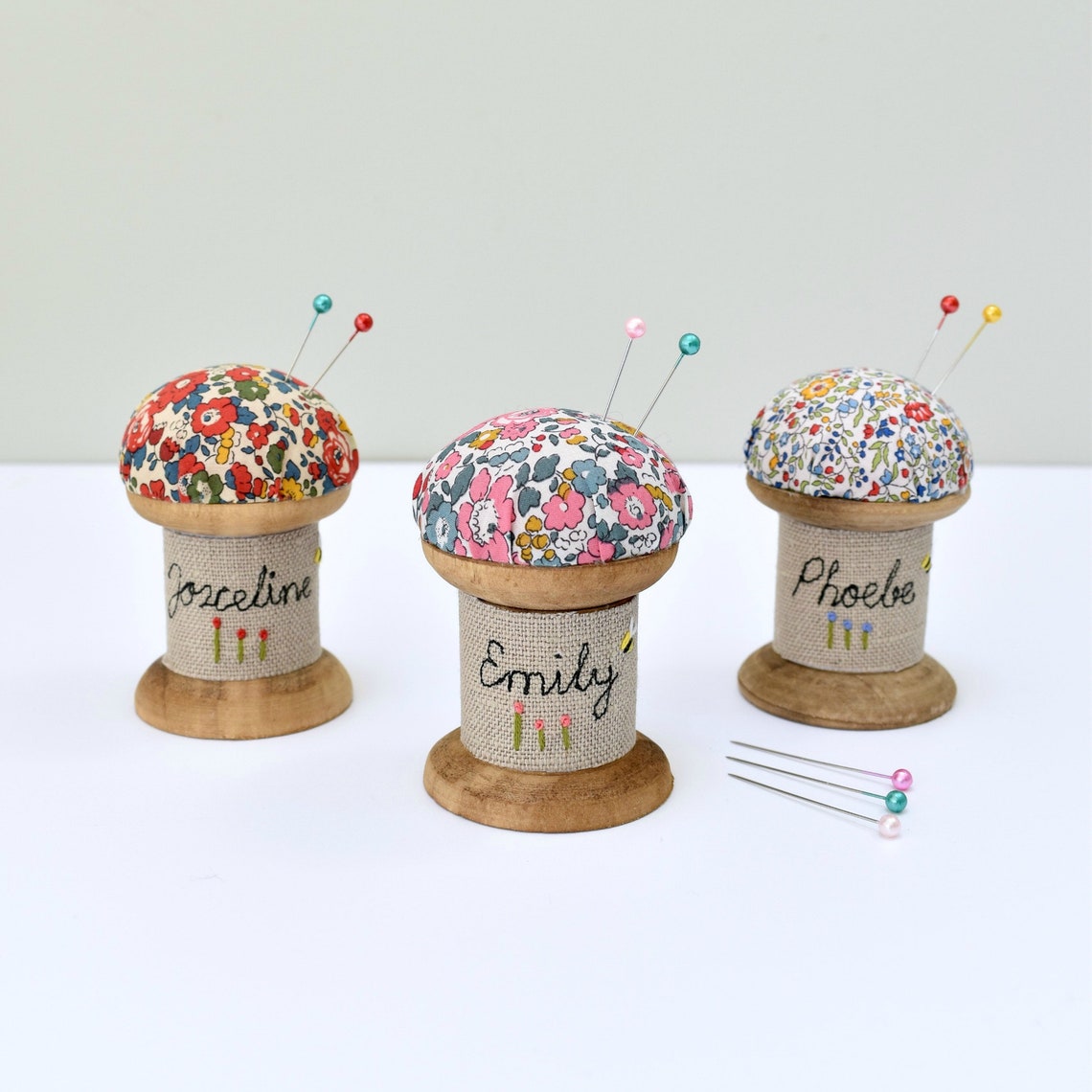 Personalised Pin Cushion, Liberty Fabric Pin Holder, Wooden Spool ...