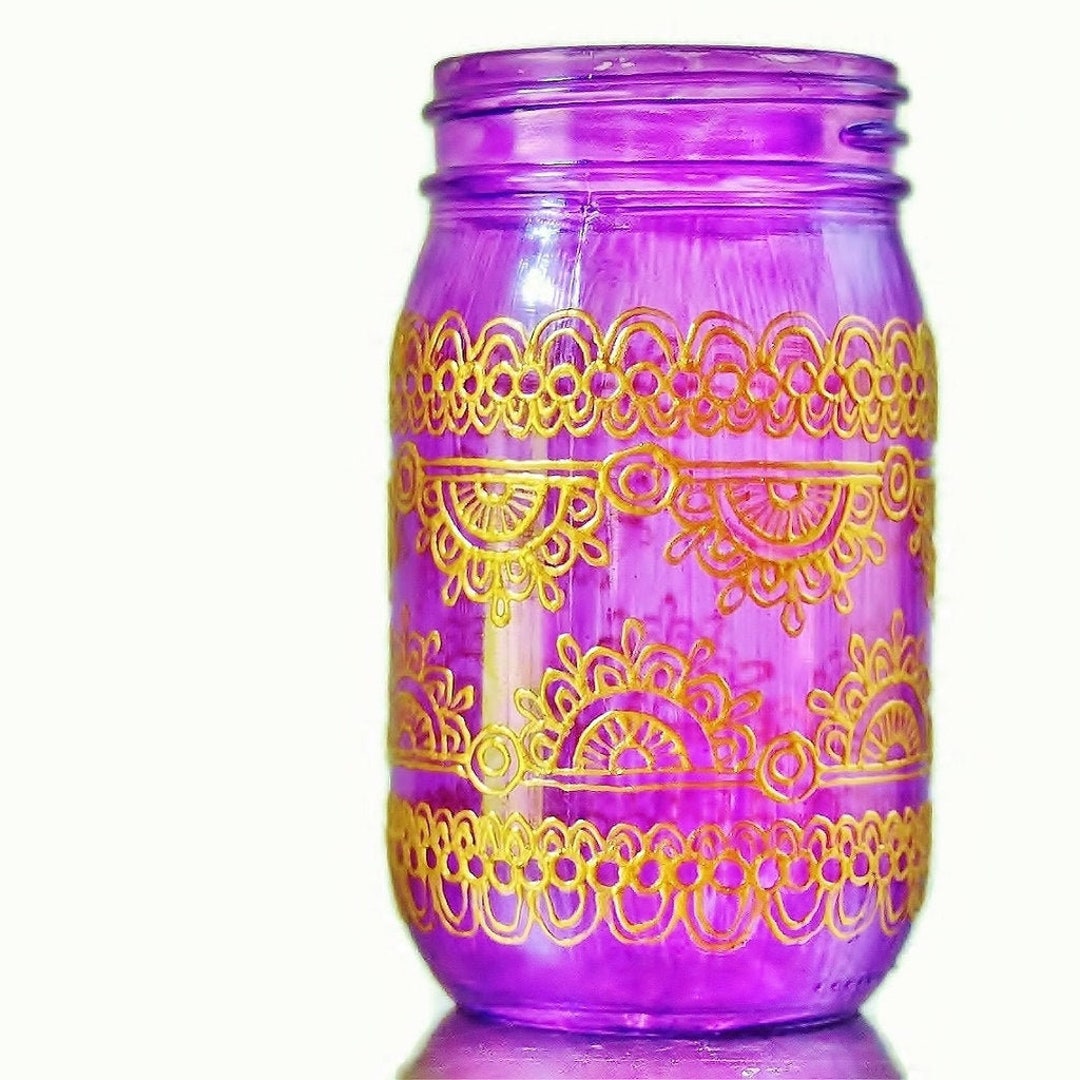 Eclectic Home Decor Boho Henna Vase, Painted Mason Jar Vase With Gold ...