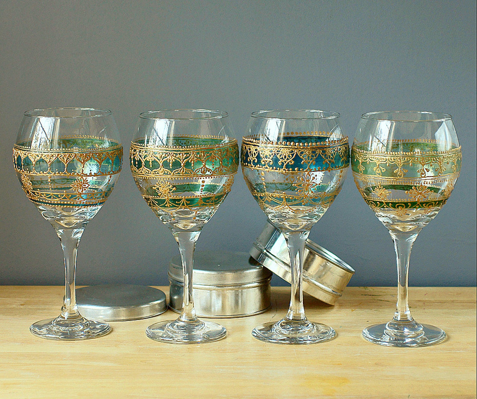 Four Handpainted Moroccan Inspired Wine Glasses With Green - Etsy