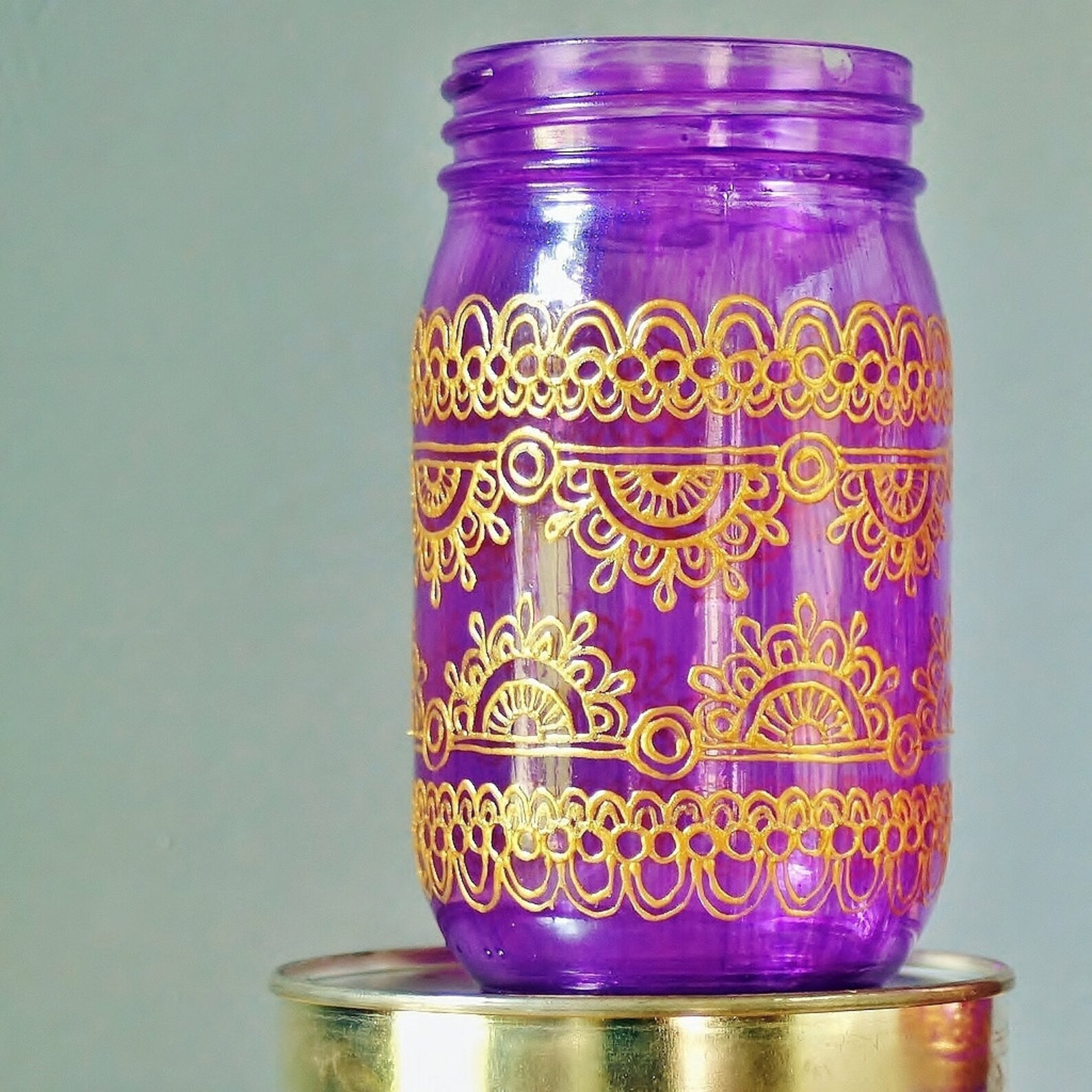 Eclectic Home Decor Boho Henna Vase, Painted Mason Jar Vase With Gold ...