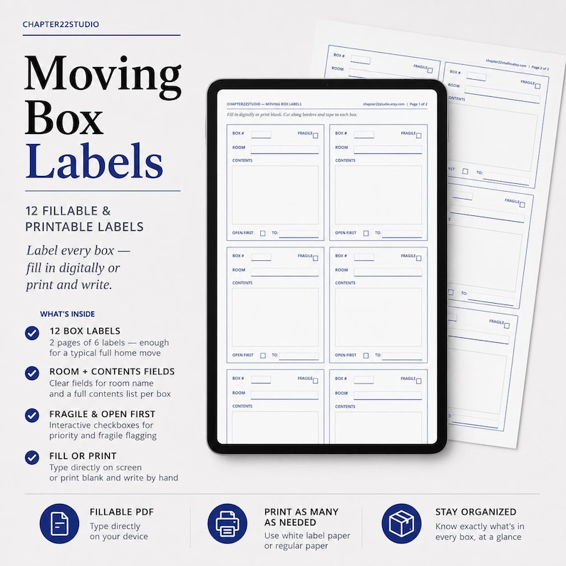 Moving Planner Box Labels Printable Fillable PDF Packing List Instant ...