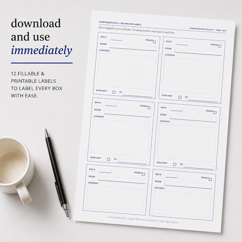 Moving Planner Box Labels Printable Fillable PDF Packing List Instant ...
