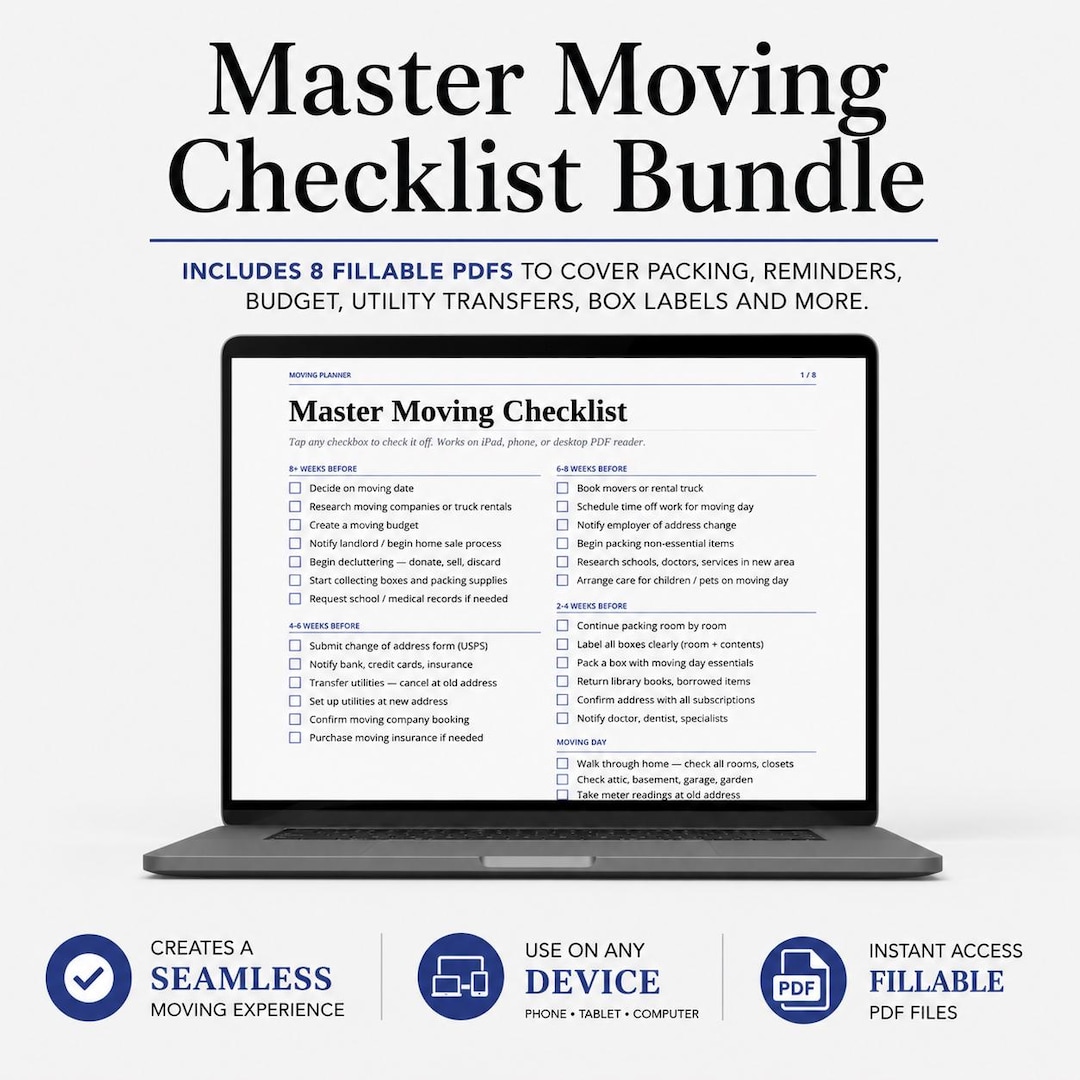 Moving Planner Fillable PDF Checklist Bundle Relocation Organizer ...