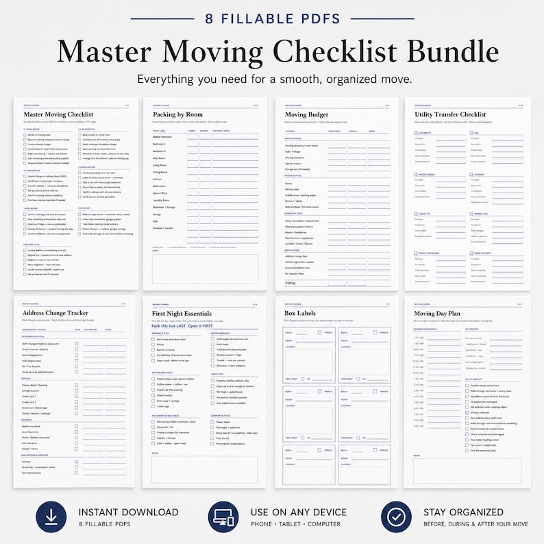 Moving Planner Fillable PDF Checklist Bundle Relocation Organizer ...