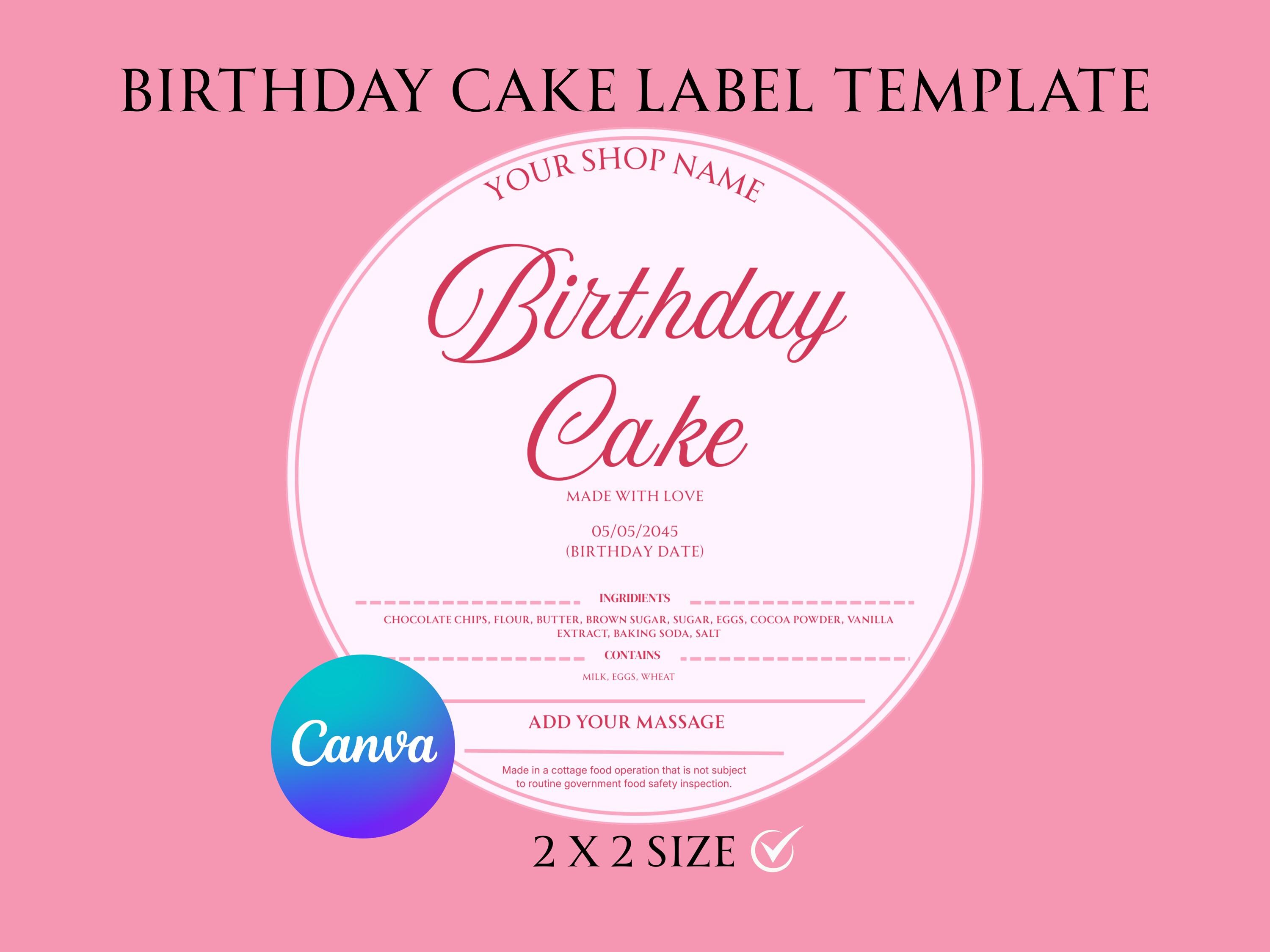 Editable Birthday Cake Label Template, Pink Bakery Sticker (2x2), Canva ...