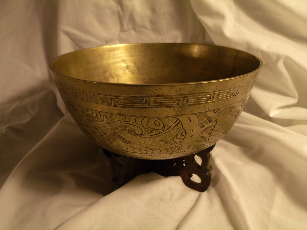 ANTIQUE Heavy Cast Brass Chinese Bowl Phoenix/dragon HAND CARVED With ...