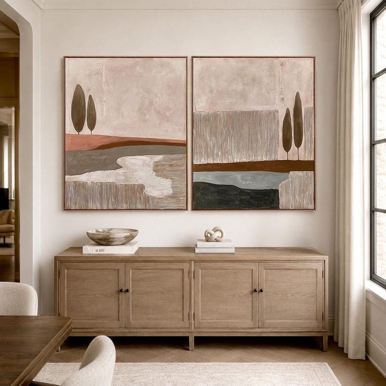 Cypress Trees Diptych Oil Painting, 2 Piece Emotive Abstract Landscape ...