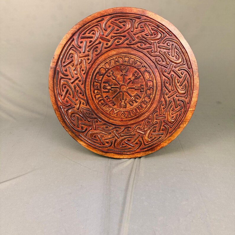 Hand-carved Wooden Vegvísir Shield, Norse Runes Altar Plaque, Celtic ...